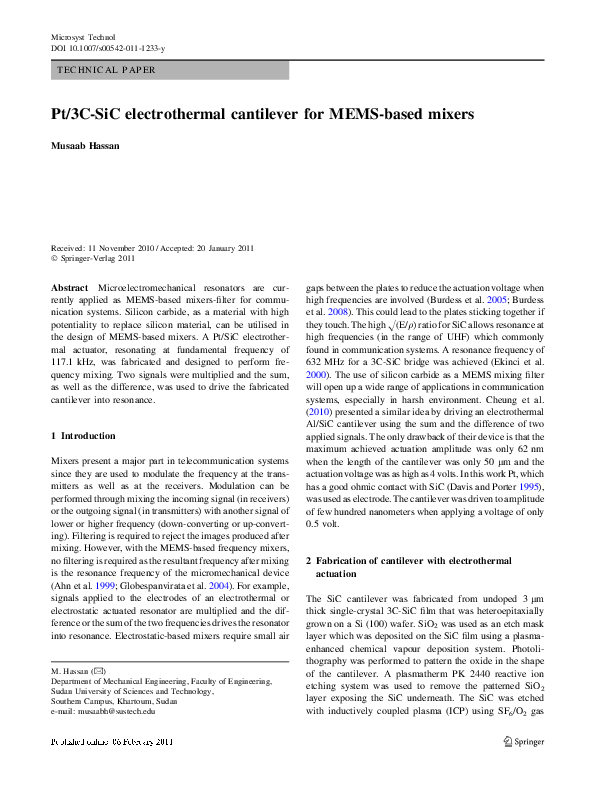 (PDF) Pt/3C-SiC electrothermal cantilever for MEMS-based mixers