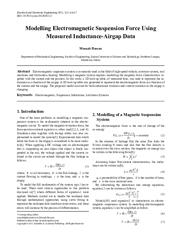 (PDF) Modelling Electromagnetic Suspension Force Using Measured Inductance-Airgap Data