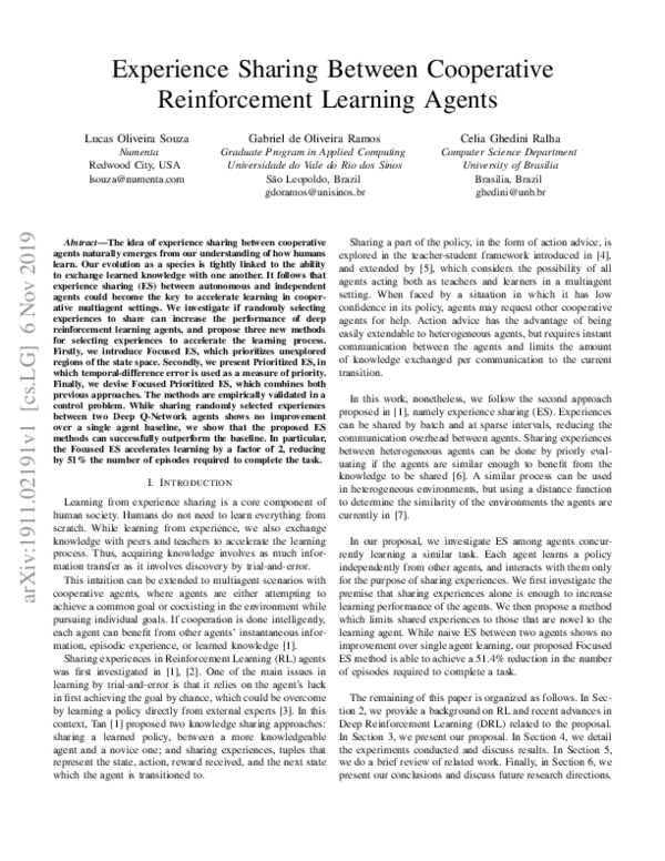 Pdf Experience Sharing Between Cooperative Reinforcement Learning Agents