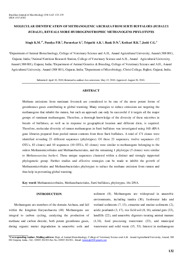 (PDF) Molecular identification of methanogenic archaea from Surti buffaloes (bubalus bubalis ...