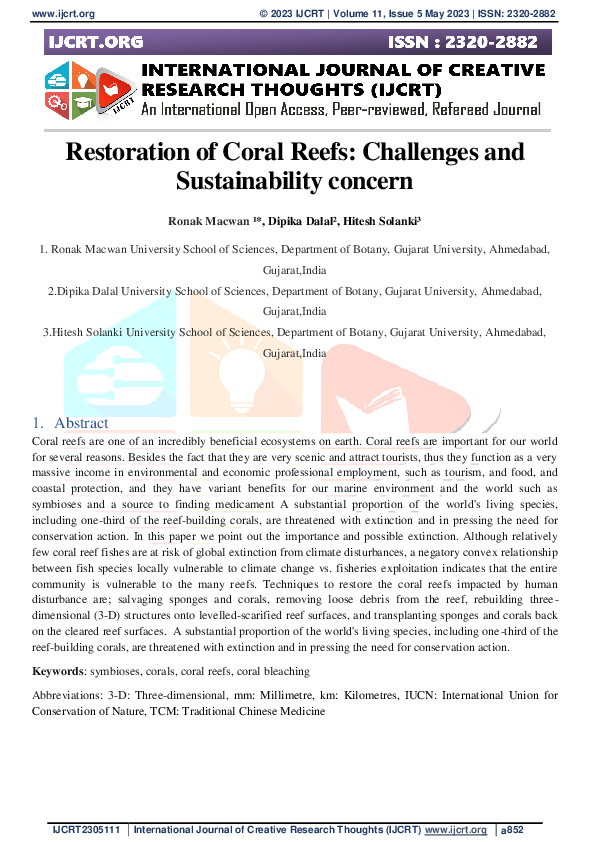 (PDF) Restoration of Coral Reefs: Challenges and Sustainability concern