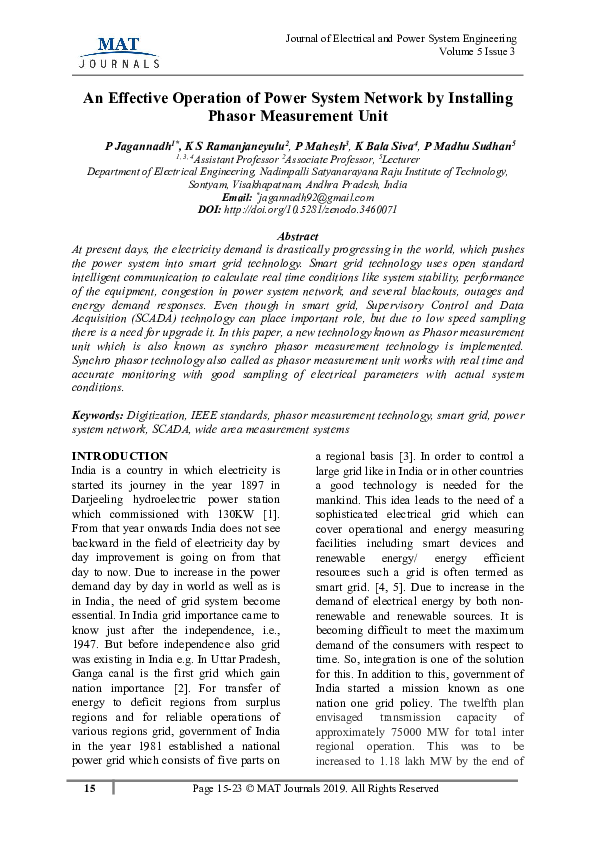 Pdf An Effective Operation Of Power System Network By Installing Phasor Measurement Unit