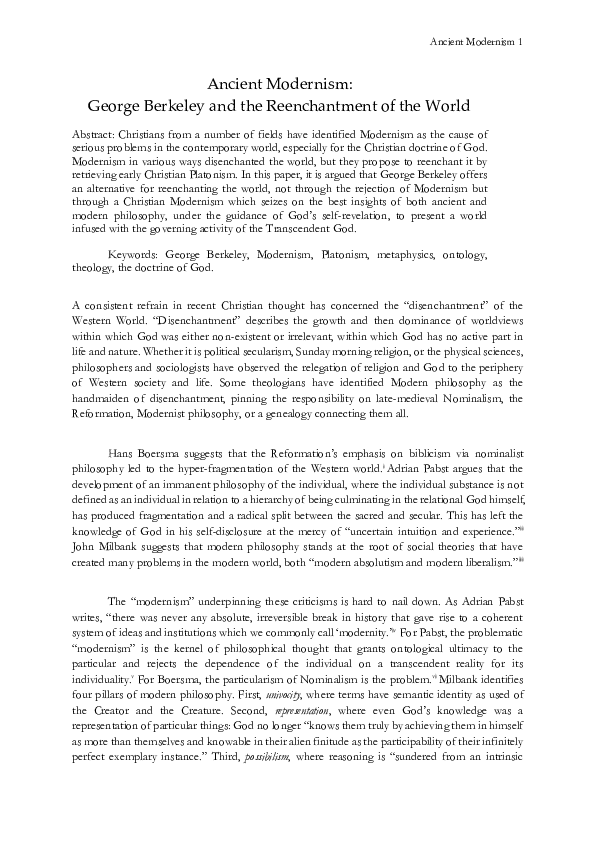 (PDF) Ancient Modernism: George Berkeley and the Reenchantment of the World