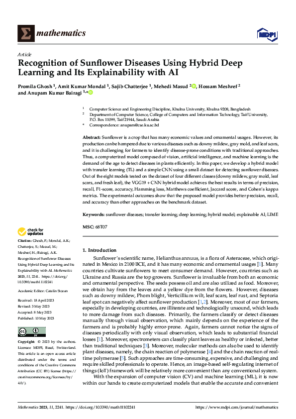 Pdf Recognition Of Sunflower Diseases Using Hybrid Deep Learning And Its Explainability With Ai 