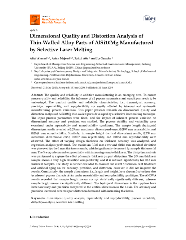 (PDF) Dimensional Quality and Distortion Analysis of Thin-Walled Alloy Parts of AlSi10Mg ...