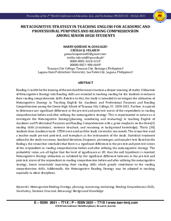 (PDF) Metacognitive Strategy in Teaching English for Academic and Professional Purposes and ...