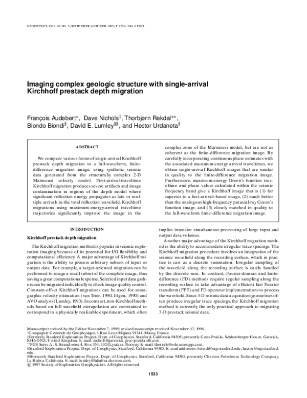 Pdf Imaging Complex Geologic Structure With Single‐arrival Kirchhoff Prestack Depth Migration