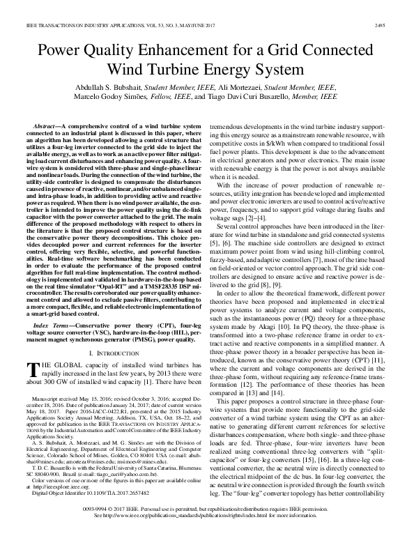 (PDF) Power Quality Enhancement for a Grid Connected Wind Turbine Energy System