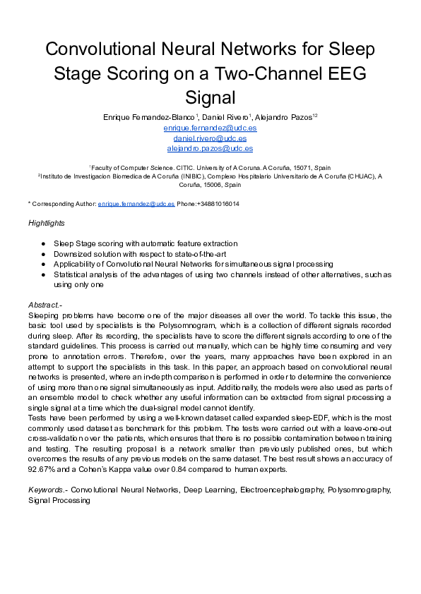 (PDF) Convolutional neural networks for sleep stage scoring on a two-channel EEG signal