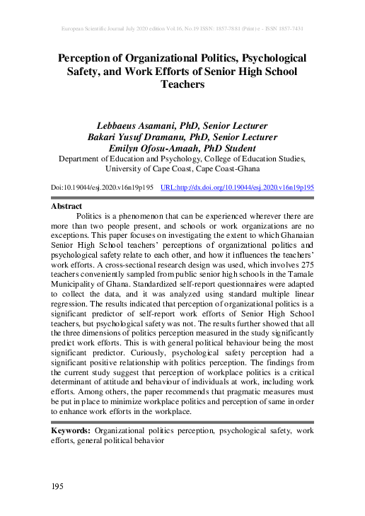(PDF) Perception of Organizational Politics, Psychological Safety, and Work Efforts of Senior ...