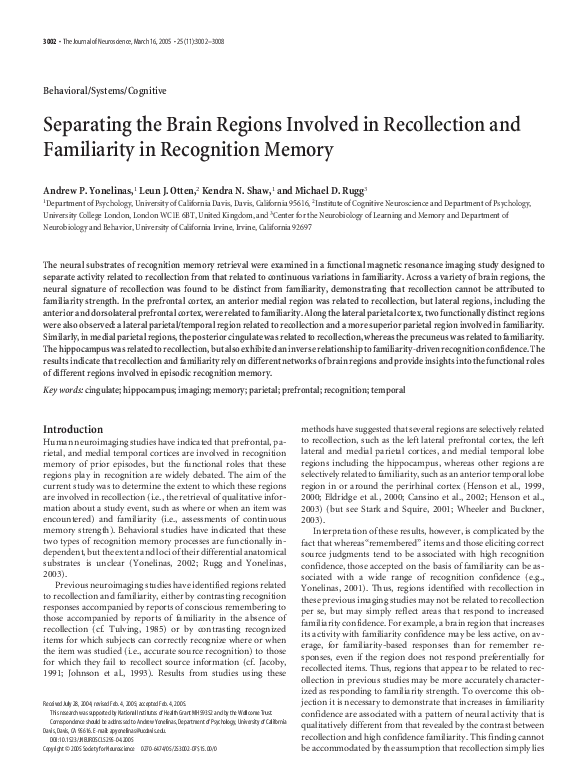 (PDF) Separating the brain regions involved in recollection and ...