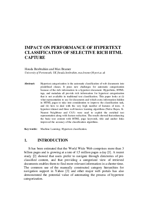 (PDF) Impact on Performance of Hypertext Classification of Selective Rich HTML Capture