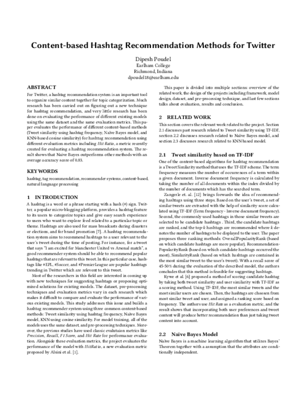 (PDF) Content-based Hashtag Recommendation Methods for Twitter
