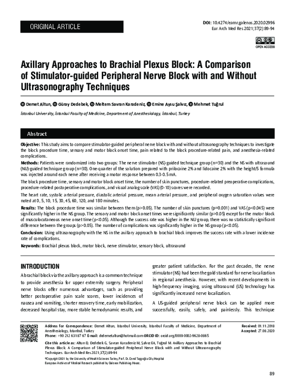(PDF) Axillary Approaches to Brachial Plexus Block: A Comparison of Stimulator-guided Peripheral ...