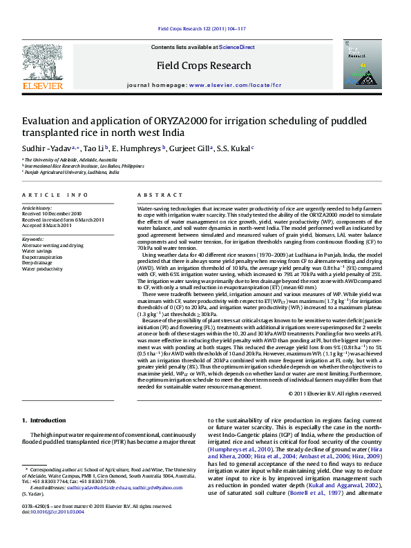 (PDF) Evaluation and application of ORYZA2000 for irrigation scheduling of puddled transplanted ...