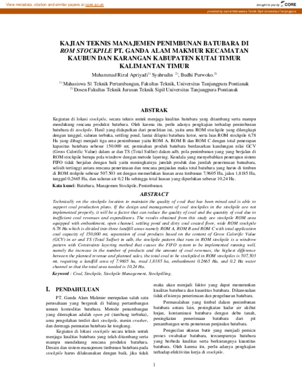 (PDF) Kajian Teknis Manajemen Penimbunan Batubara DI Rom Stockpile Pt ...