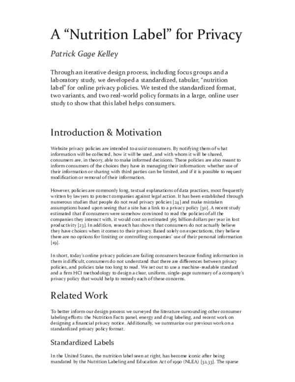 (PDF) A "nutrition label" for privacy