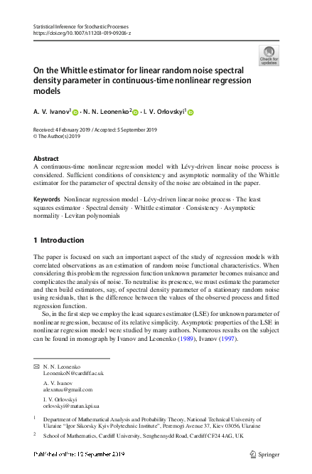 (PDF) On the Whittle estimator for linear random noise spectral density parameter in continuous ...