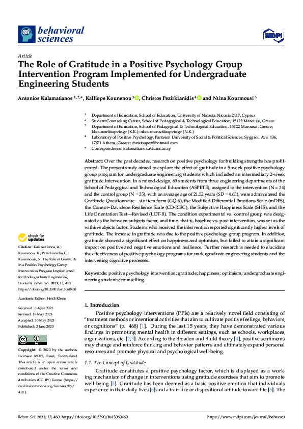(PDF) The Role of Gratitude in a Positive Psychology Group Intervention Program Implemented for ...