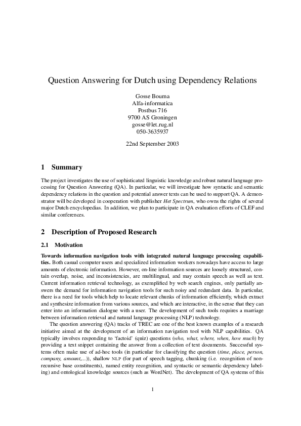 (PDF) Question Answering for Dutch Using Dependency Relations | Lonneke van der Plas - Academia.edu