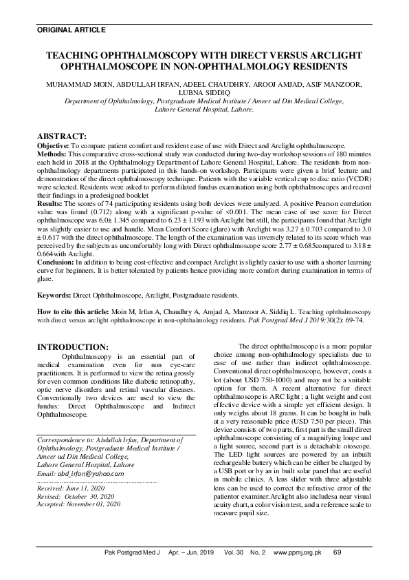 (PDF) Teaching Ophthalmoscopy with Direct Ophthalmoscope vs Arclight ...