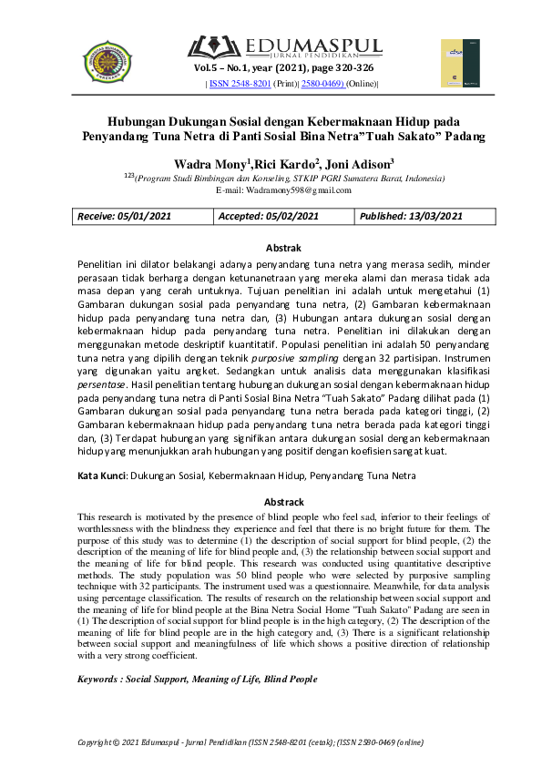(PDF) Hubungan Dukungan Sosial dengan Kebermaknaan Hidup pada ...