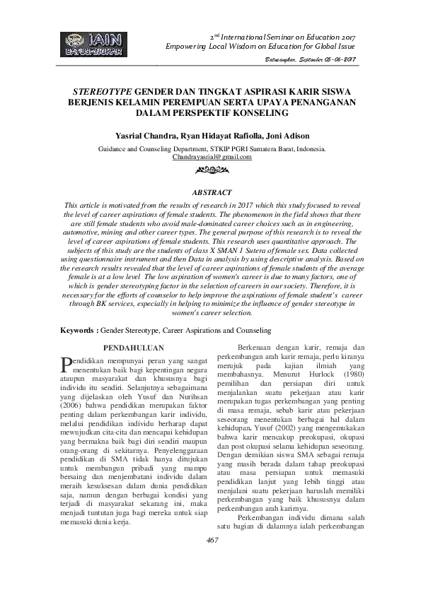 (PDF) Stereotype Gender Dan Tingkat Aspirasi Karir Siswa Berjenis Kelamin Perempuan Serta Upaya ...