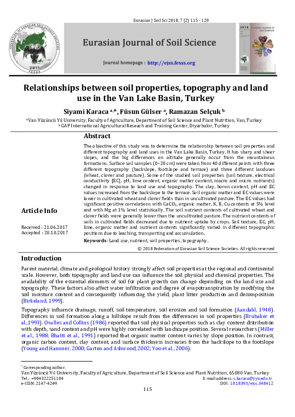 (PDF) Relationships between soil properties, topography and land use in the Van Lake Basin, Turkey