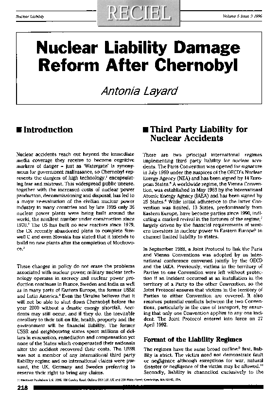(PDF) Nuclear Liability Damage Reform After Chernobyl