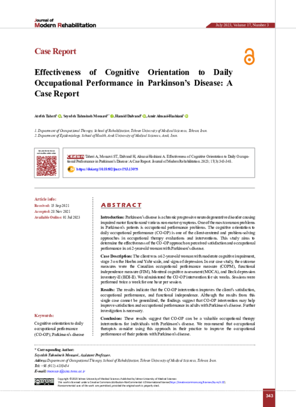 (PDF) Effectiveness of Cognitive Orientation to Daily Occupational Performance in Parkinson's ...