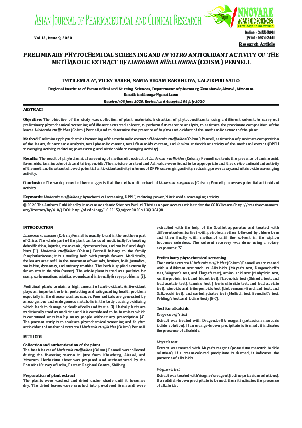 (PDF) PRELIMINARY PHYTOCHEMICAL SCREENING AND IN VITRO ANTIOXIDANT ACTIVITY OF THE METHANOLIC ...