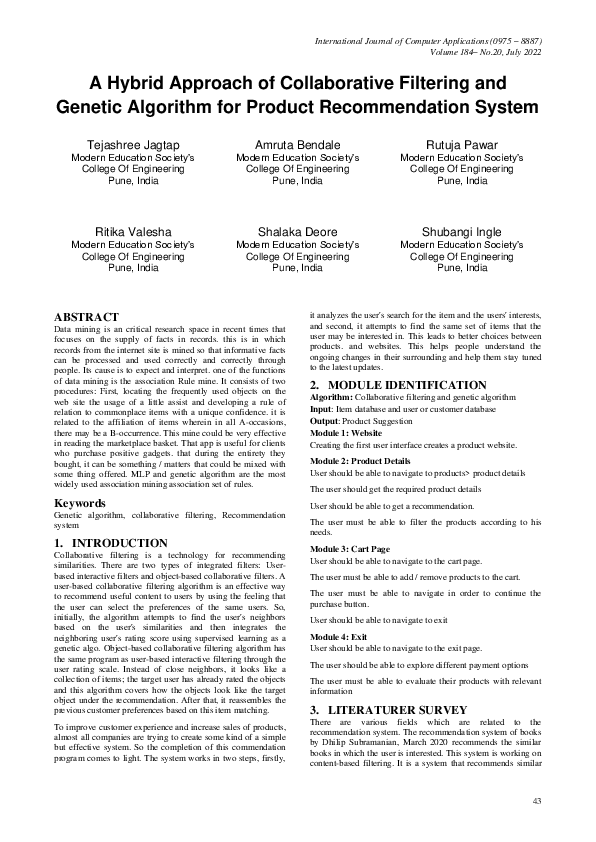 Pdf A Hybrid Approach Of Collaborative Filtering And Genetic Algorithm For Product