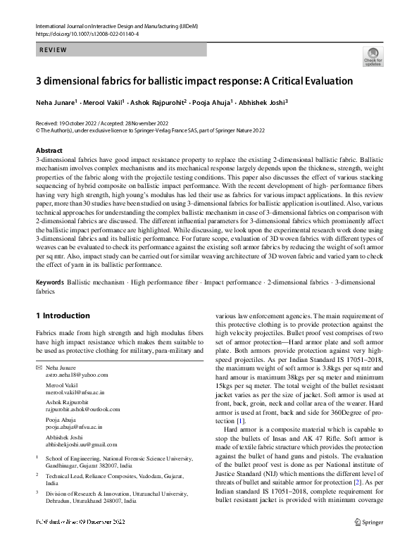 Pdf 3 Dimensional Fabrics For Ballistic Impact Response A Critical Evaluation