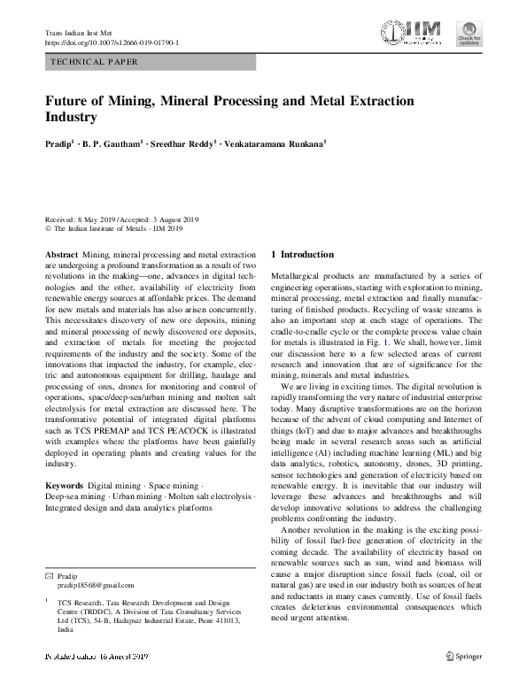 (PDF) Future of Mining, Mineral Processing and Metal Extraction Industry