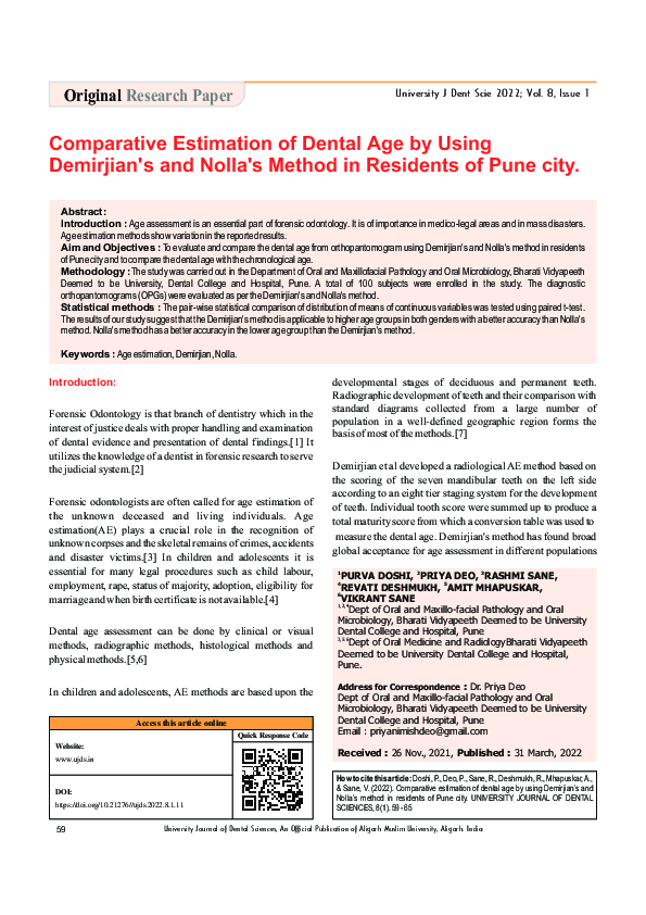 Pdf Comparative Estimation Of Dental Age By Using Demirjians And Nollas Method In Residents