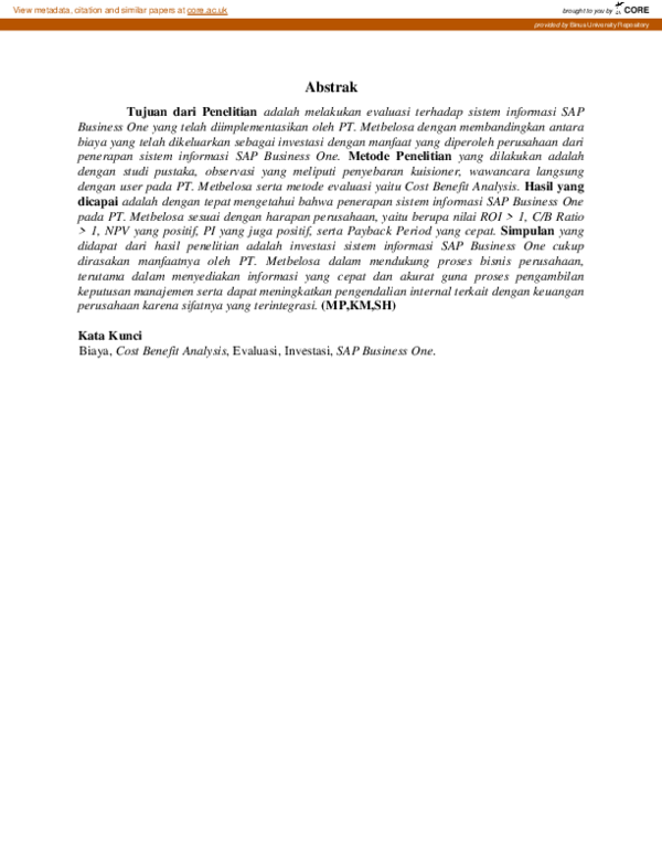 (PDF) Evaluasi Investasi Sap Business One Pada Pt. Metbelosa Dengan ...