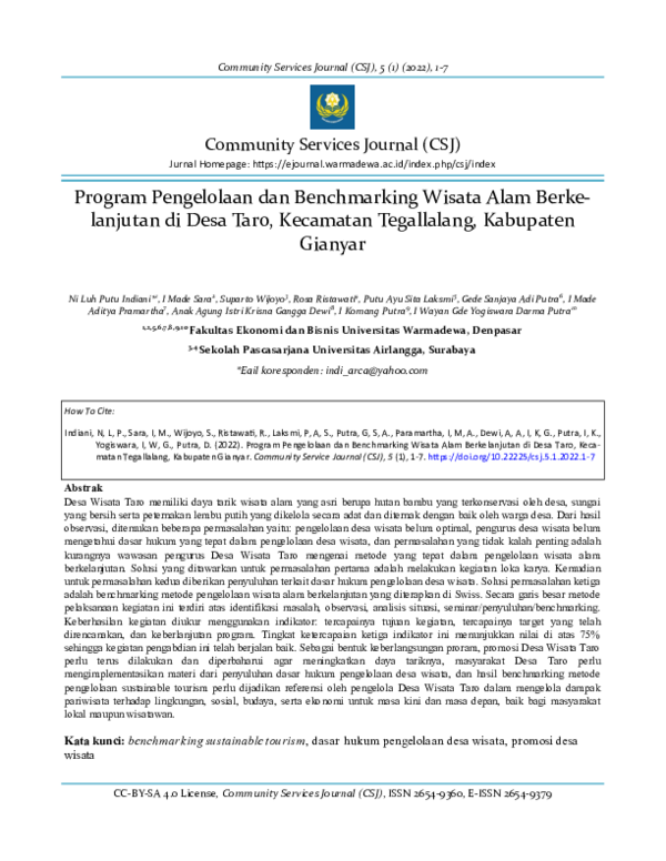 (PDF) Program Pengelolaan dan Benchmarking Wisata Alam Berkelanjutan di Desa Taro, Kecamatan ...