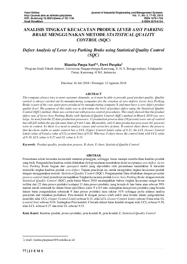 (PDF) Analisis Tingkat Kecacatan Produk Lever Assy Parking Brake ...