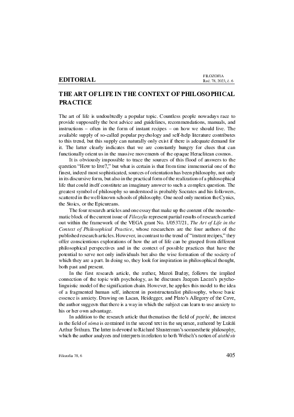 (PDF) Editorial: The Art of Life in the Context of Philosophical ...