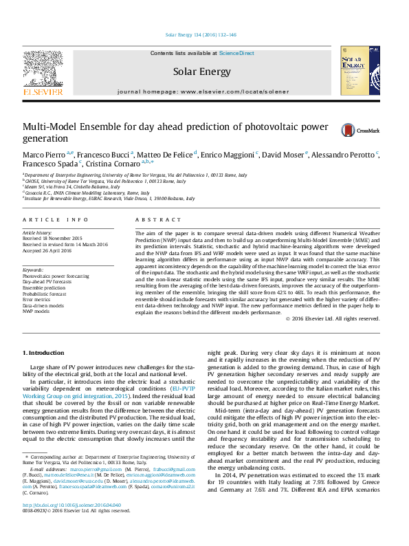 (PDF) Multi-Model Ensemble for day ahead prediction of photovoltaic power generation