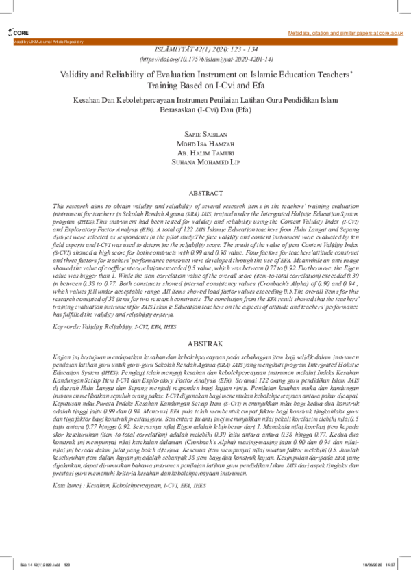 (PDF) Validity and Reliability of Evaluation Instrument on Islamic ...