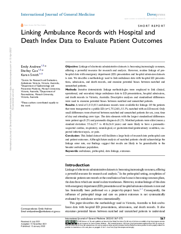 (PDF) Linking Ambulance Records with Hospital and Death Index Data to ...