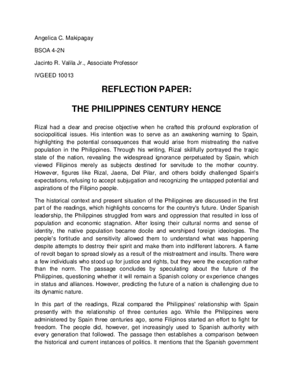 (PDF) THE PHILIPPINES CENTURY HENCE-REFLECTION PAPER