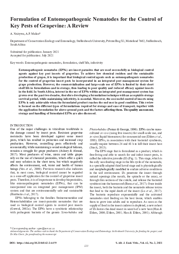 (PDF) Formulation of Entomopathogenic Nematodes for the Control of Key Pests of Grapevine: A Review