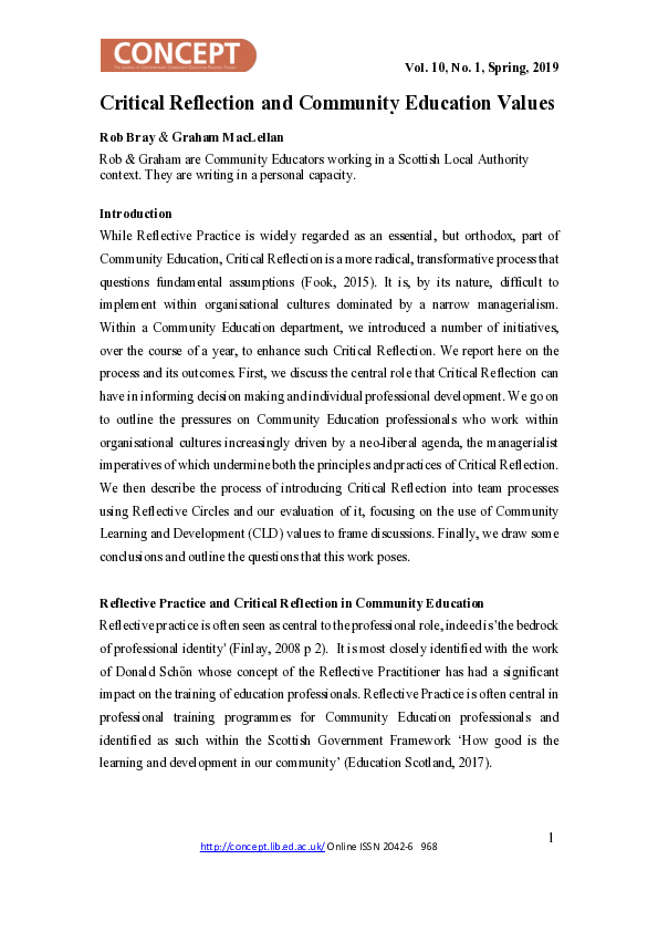 (PDF) Critical Reflection and Community Education Values