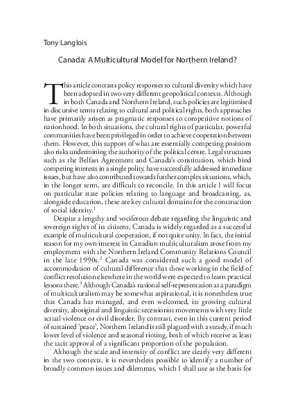 (PDF) Canada: A Multicultural Model for Northern Ireland?