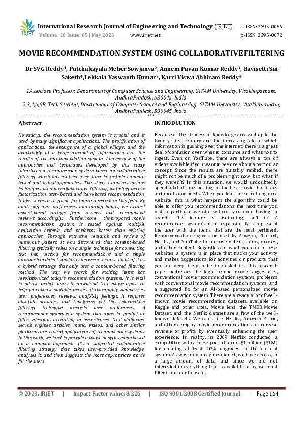 (PDF) MOVIE RECOMMENDATION SYSTEM USING COLLABORATIVE FILTERING (PDF) MOVIE RECOMMENDATION SYSTEM USING COLLABORATIVE FILTERING