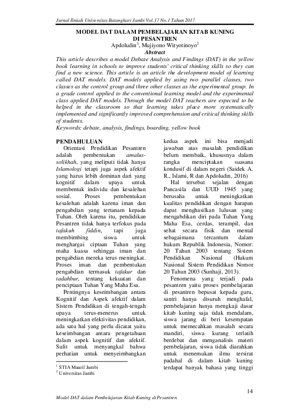 (PDF) Model Dat dalam Pembelajaran Kitab Kuning di Pesantren