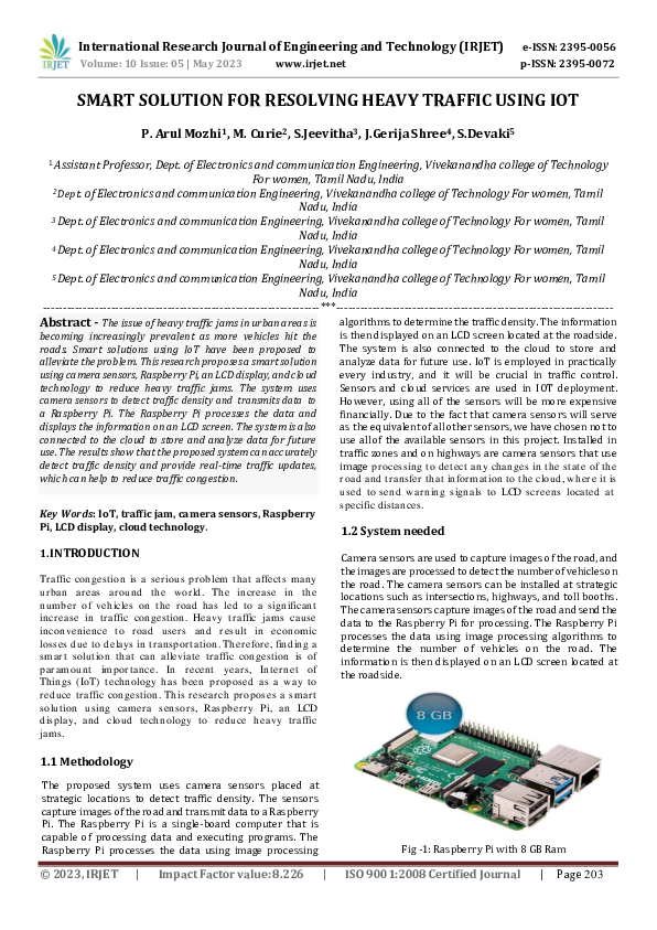 (PDF) SMART SOLUTION FOR RESOLVING HEAVY TRAFFIC USING IOT