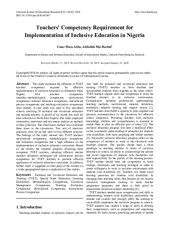 (PDF) Teachers' Competency Requirement for Implementation of Inclusive Education in Nigeria
